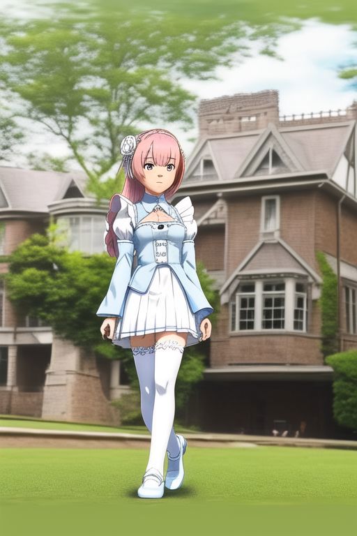 Anime girl in a blue dress walking in front of a house - SeaArt AI