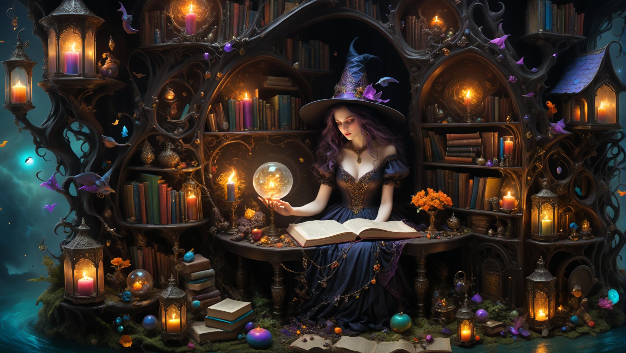 Witch reading a book in a bookcase with candles and a crystal ball ...