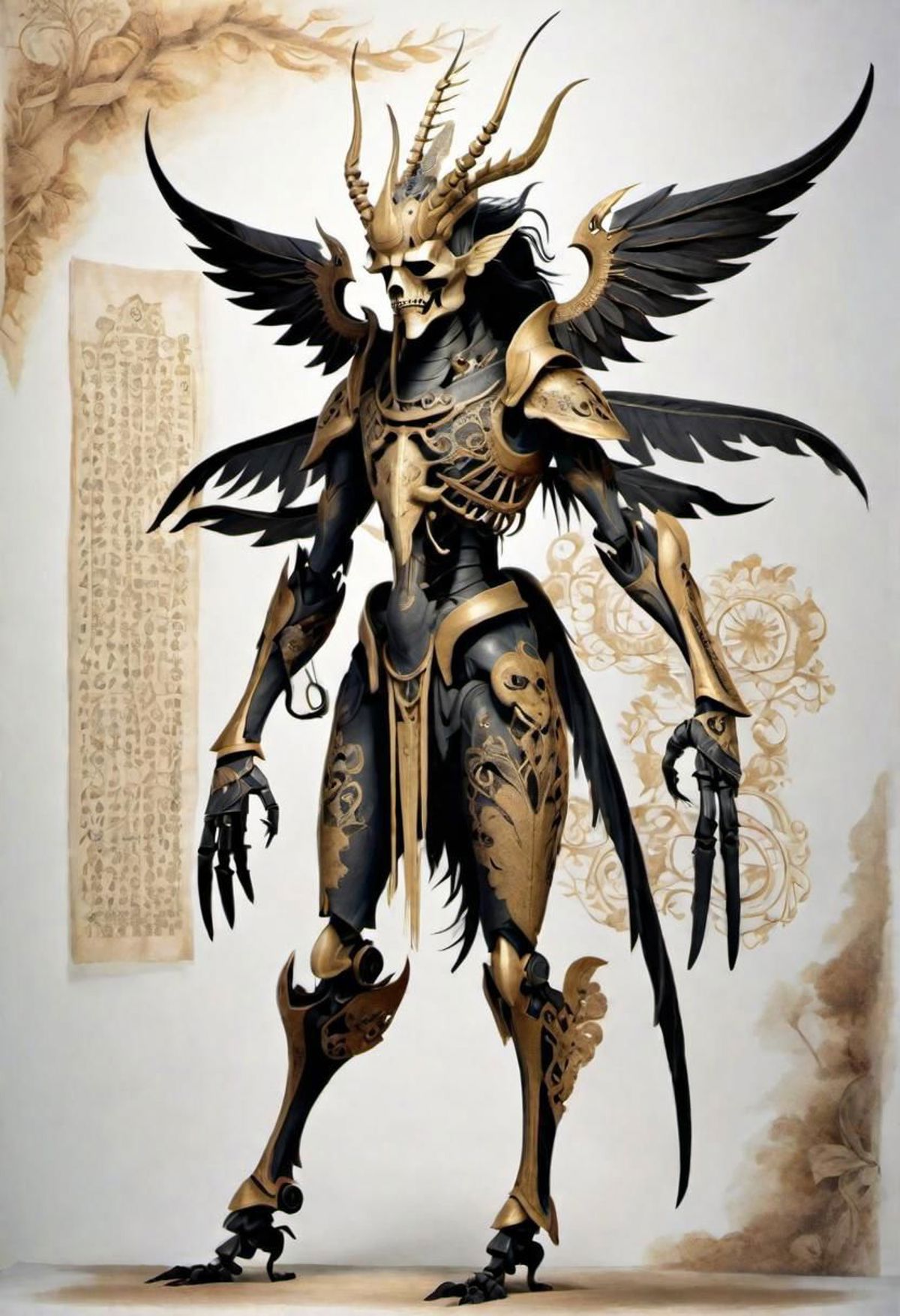 A drawing of a male demon with wings and a gold body - SeaArt AI