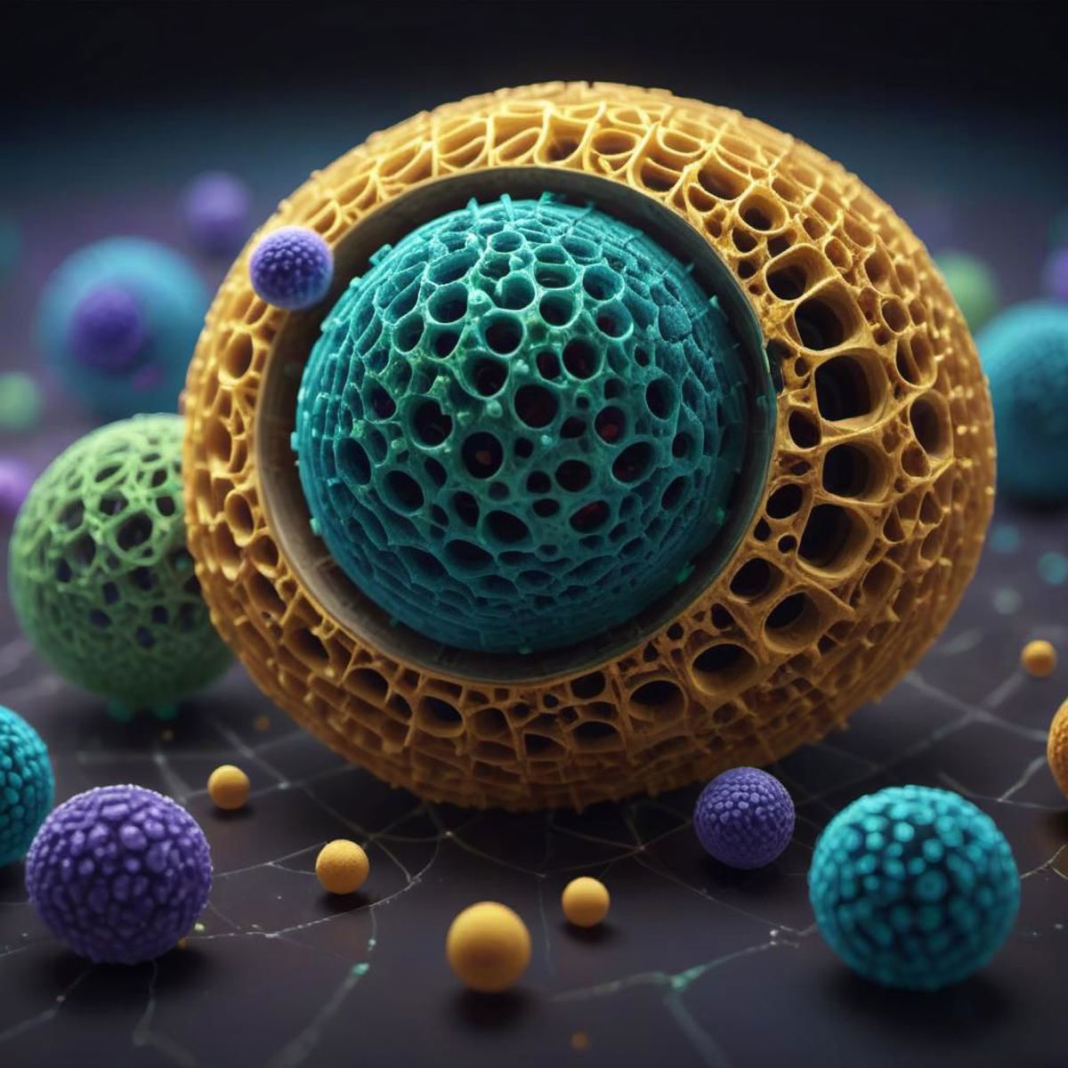 A close up of a cell with many balls of different colors - SeaArt AI