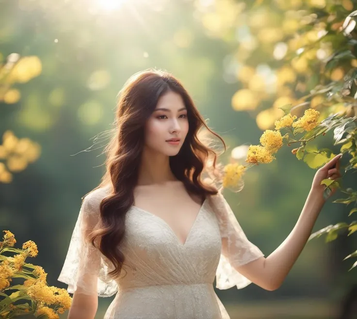 A woman in a white dress holding a yellow flower - SeaArt AI