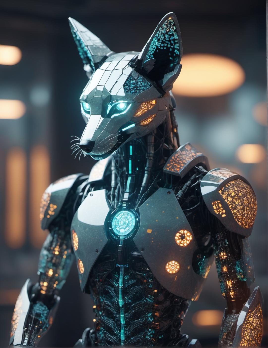 A close up of a robot cat with glowing eyes and a glowing body - SeaArt AI