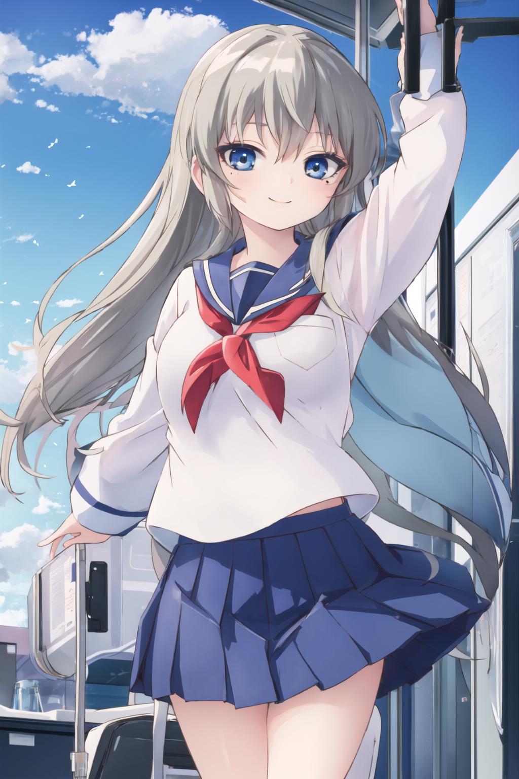 A woman in a short skirt and a white shirt is standing in front of a building - SeaArt AI