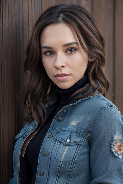 A woman in a denim jacket and black turtle neck top - SeaArt AI