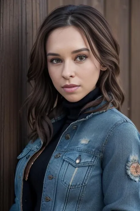 A woman in a denim jacket and black turtle neck top - SeaArt AI