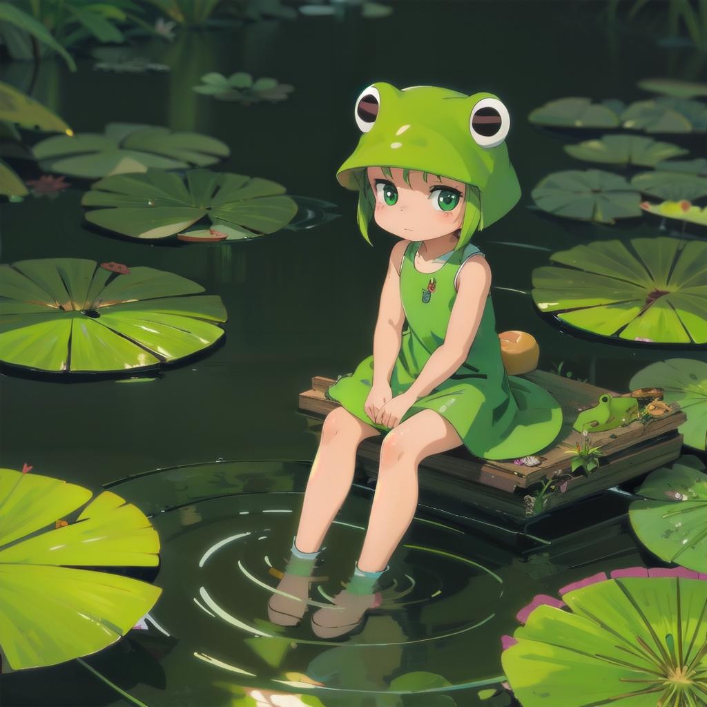 Anime girl sitting on a dock with a frog hat on - SeaArt AI