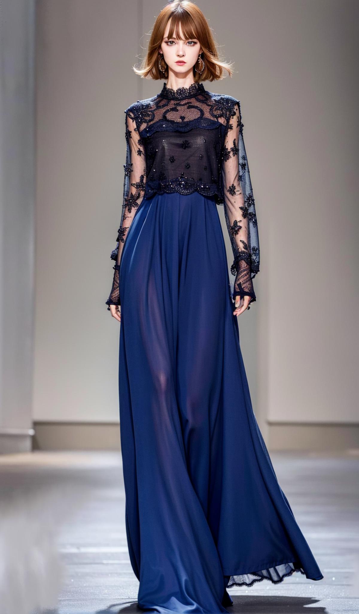 A model walks the runway in a blue gown with sheer sleeves - SeaArt AI