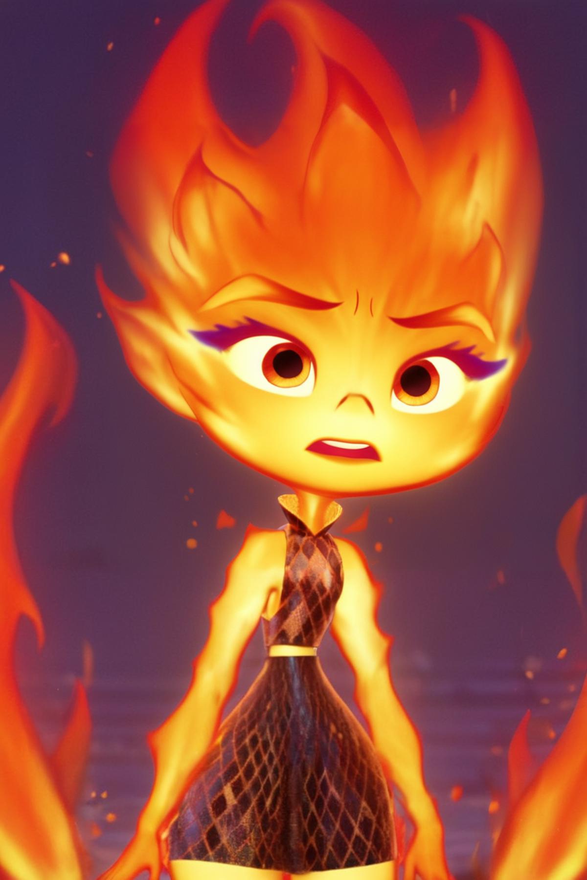 A cartoon girl with a dress and a fire on her head - SeaArt AI
