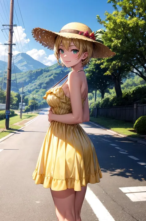 A woman in a yellow dress and straw hat standing on a street - SeaArt AI