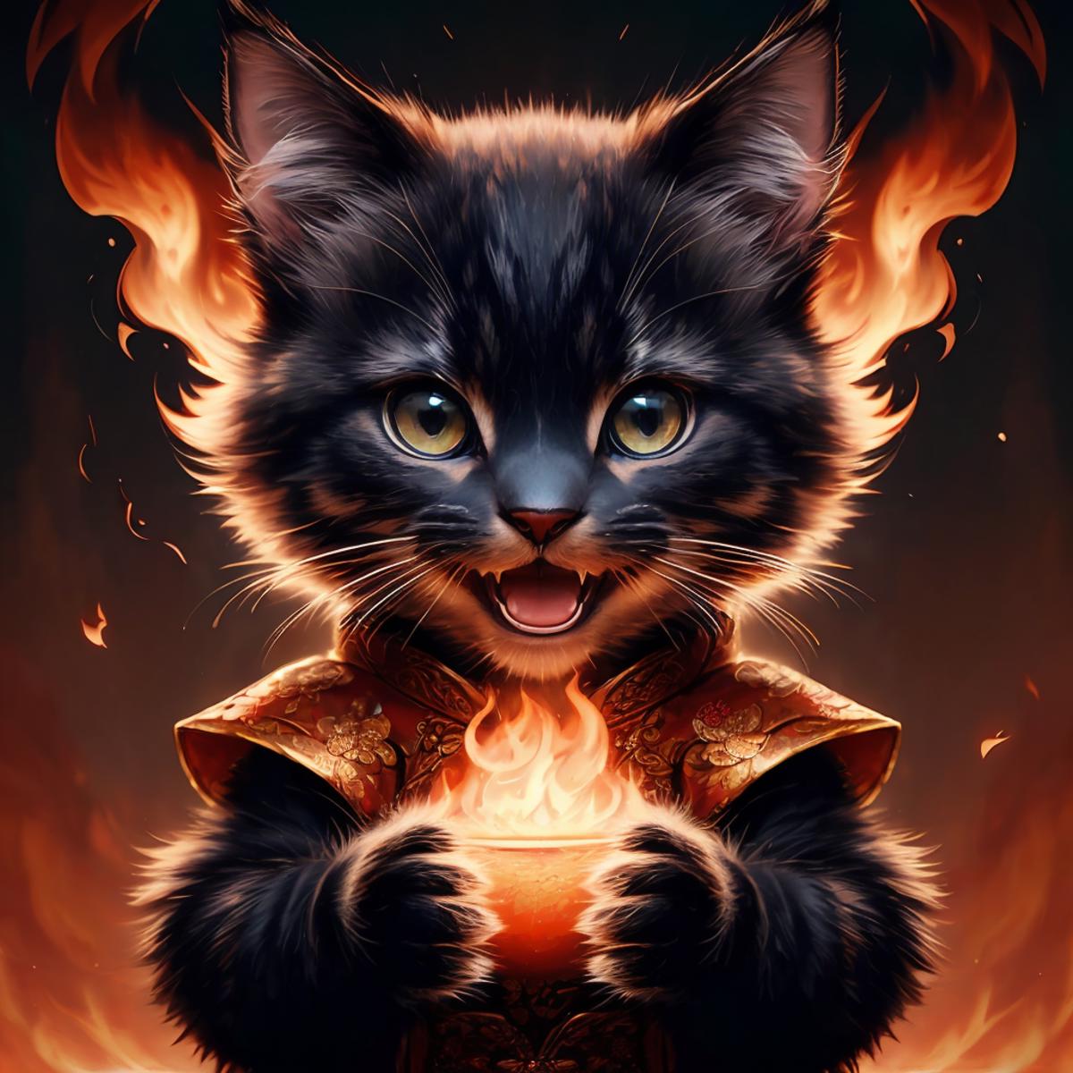 A close up of a cat with a fire ball in its paws - SeaArt AI