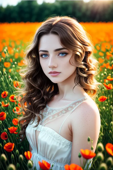 A woman in a field of flowers with a bright blue eye - SeaArt AI