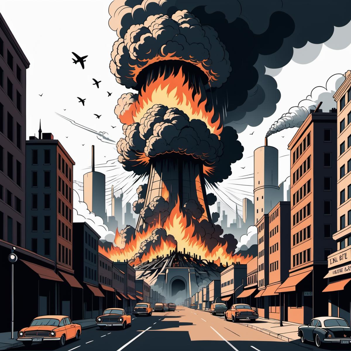 A cartoon picture of a city with a huge explosion of smoke - SeaArt AI