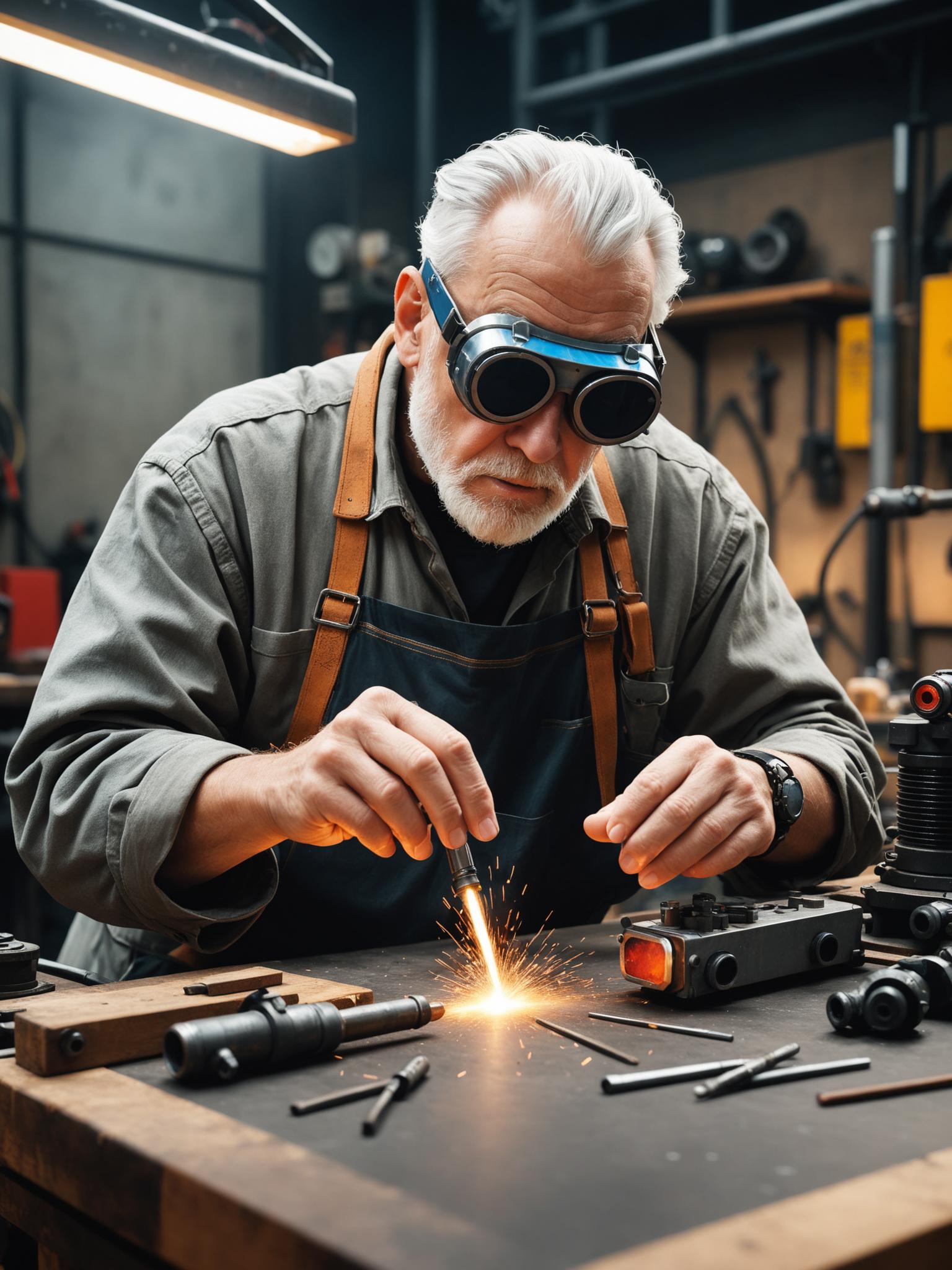 A man in a workbench working on a piece of metal - SeaArt AI