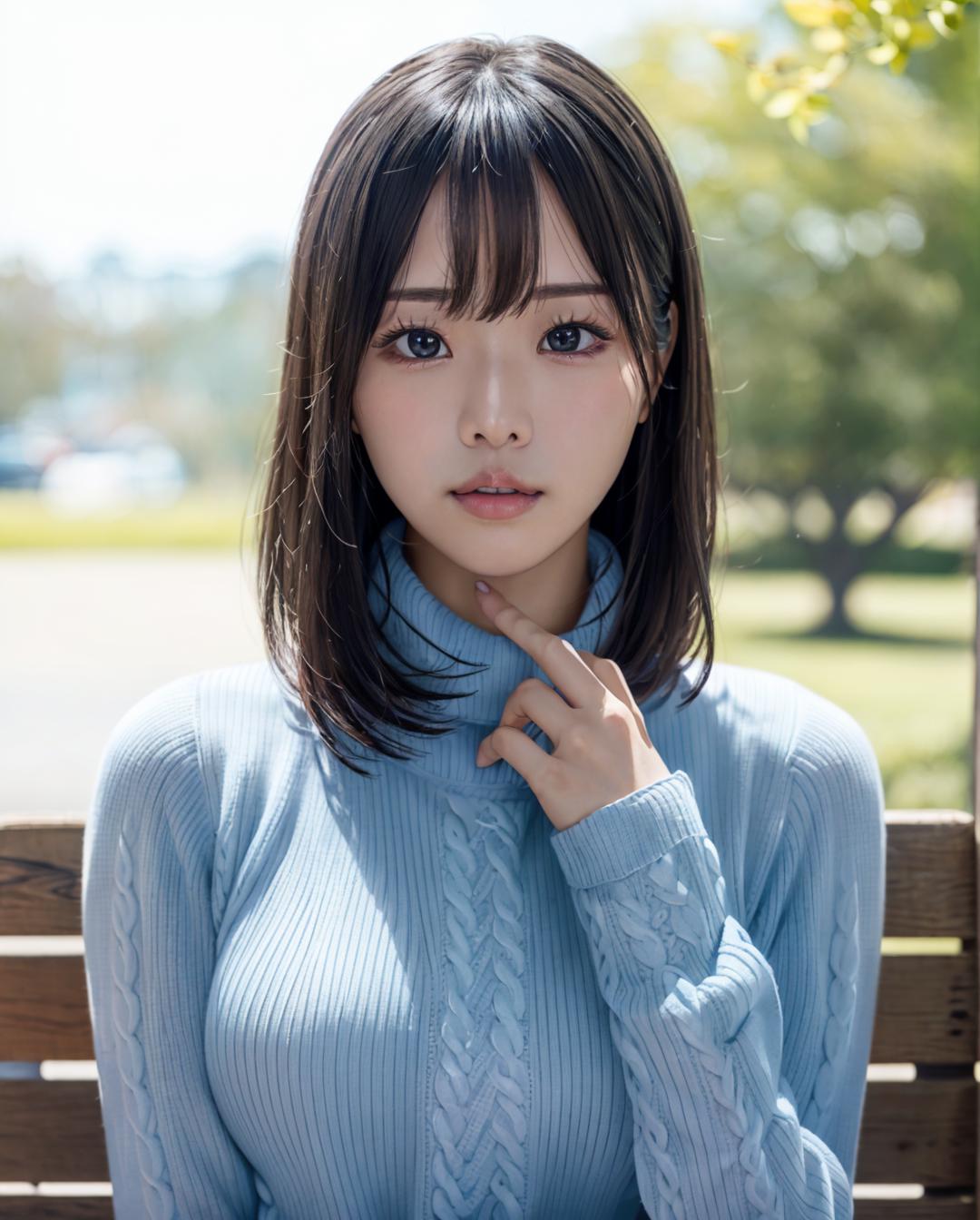 A close up of a woman sitting on a bench with a blue sweater - SeaArt AI