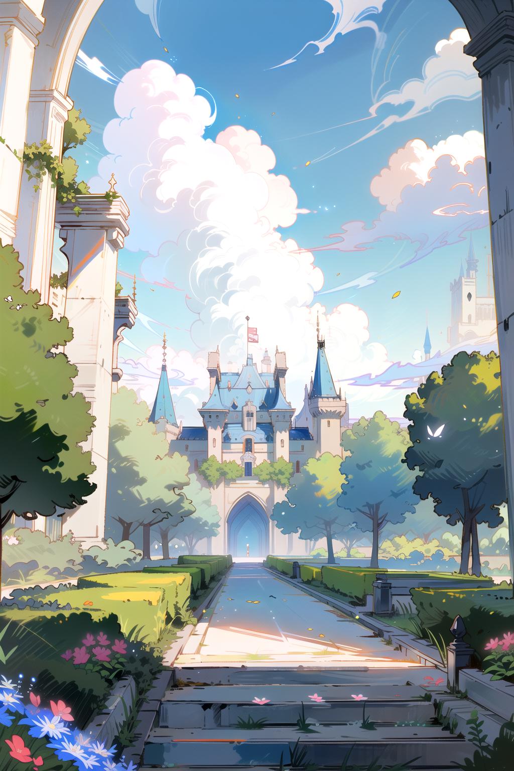 A painting of a castle with a pathway leading to it - SeaArt AI