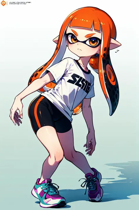 A cartoon girl with long hair and a white shirt and black shorts ...