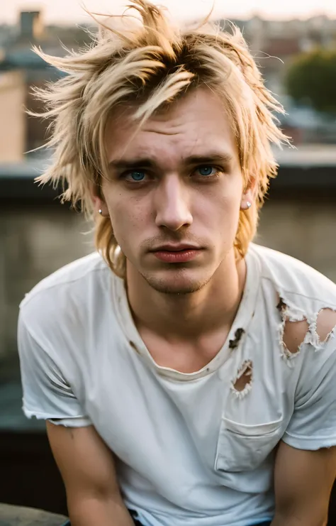Arafed young man with blonde hair and piercings sitting on a ledge ...