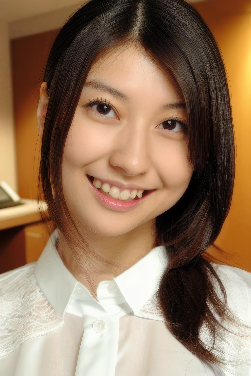 Arafed asian woman with long hair and a white shirt smiling - SeaArt AI