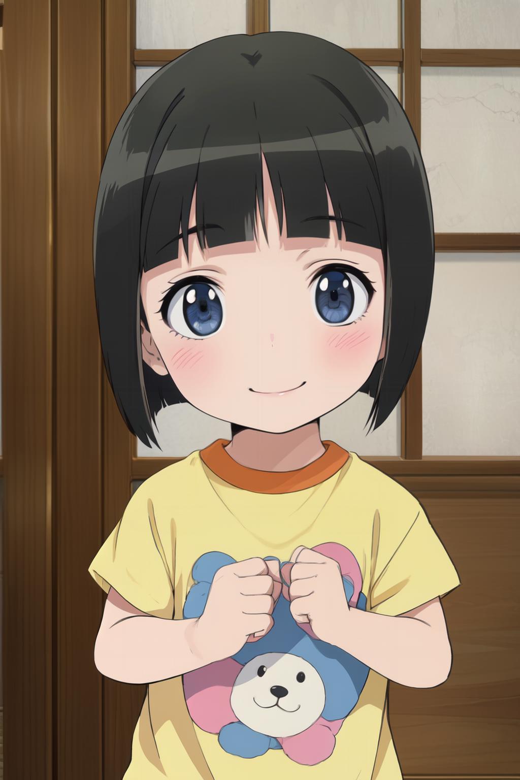 A girl in a yellow shirt and blue skirt standing in front of a door - SeaArt AI