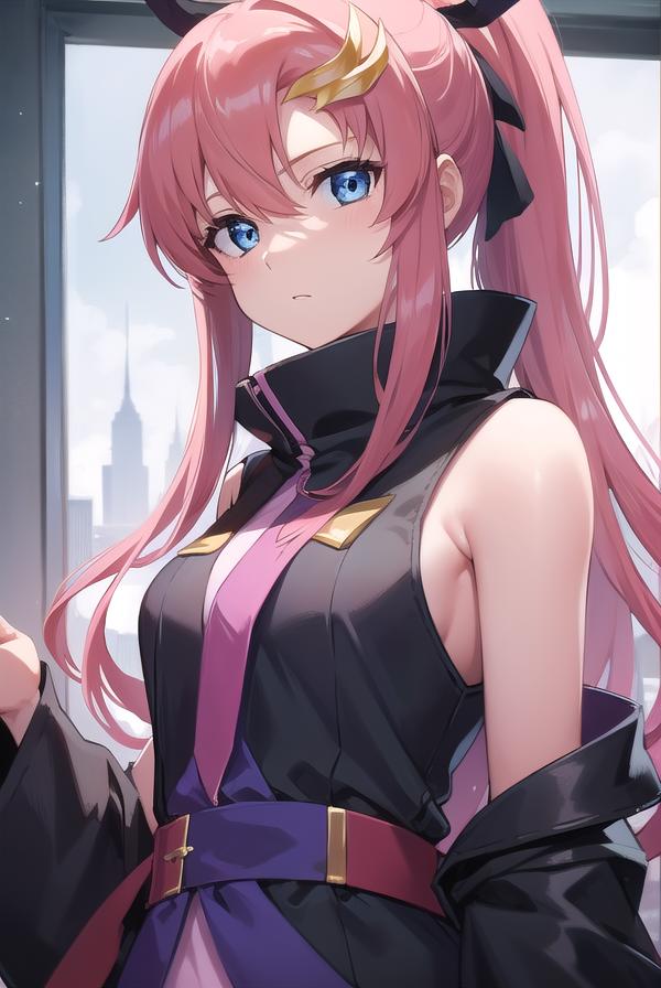 A woman with long pink hair and a black outfit holding a cell phone ...