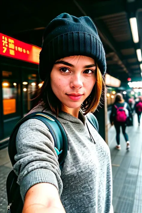 Arafed woman taking a selfie while standing on a sidewalk - SeaArt AI
