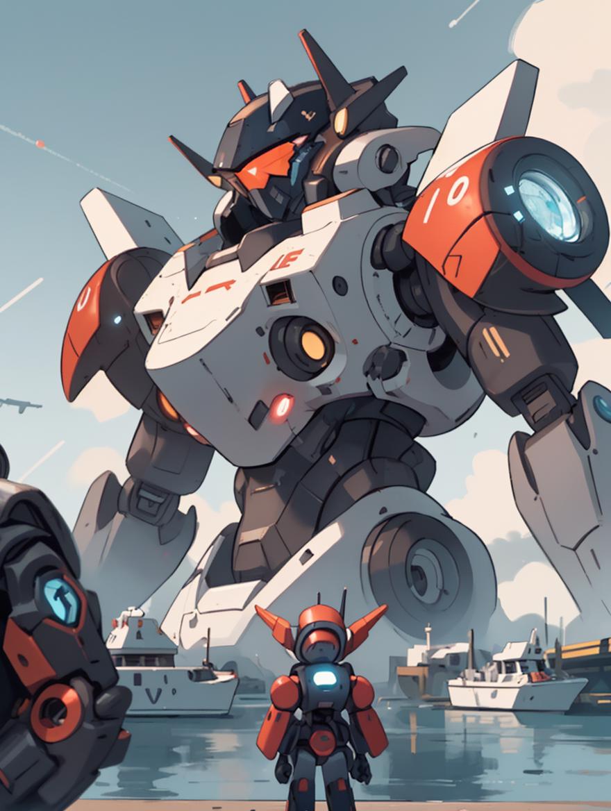 A close up of a robot standing next to a boat - SeaArt AI