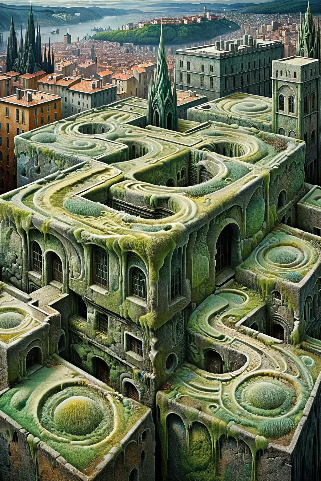 There is a painting of a building made of green tiles - SeaArt AI