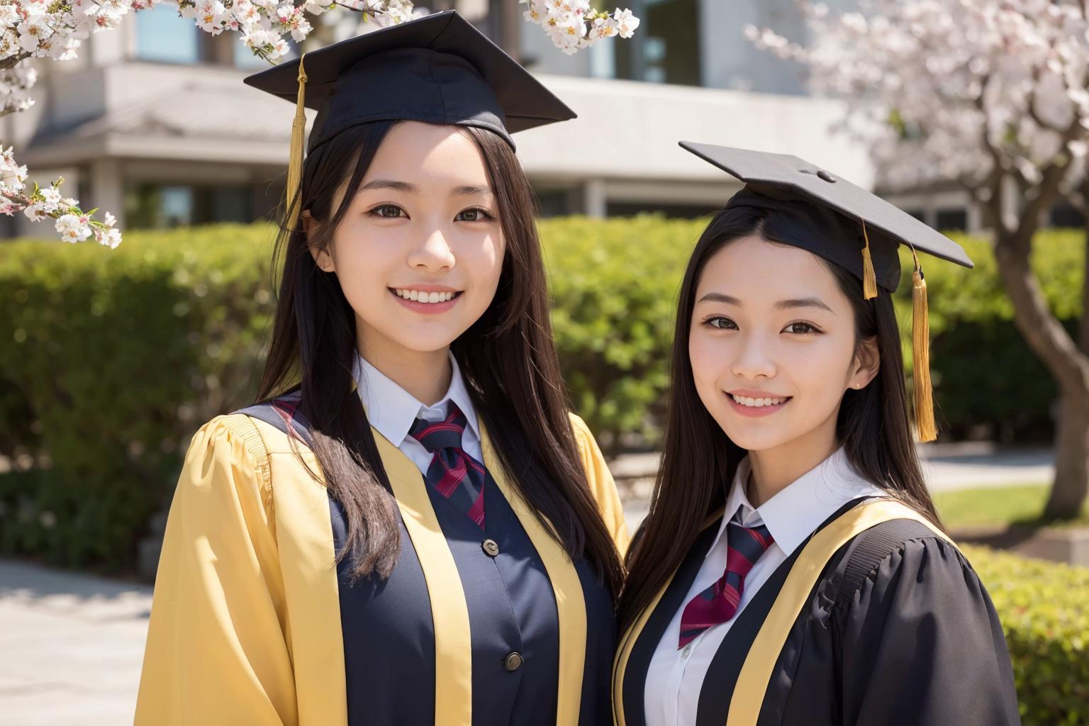 Two women in graduation gowns pose for a picture in front of a tree ...