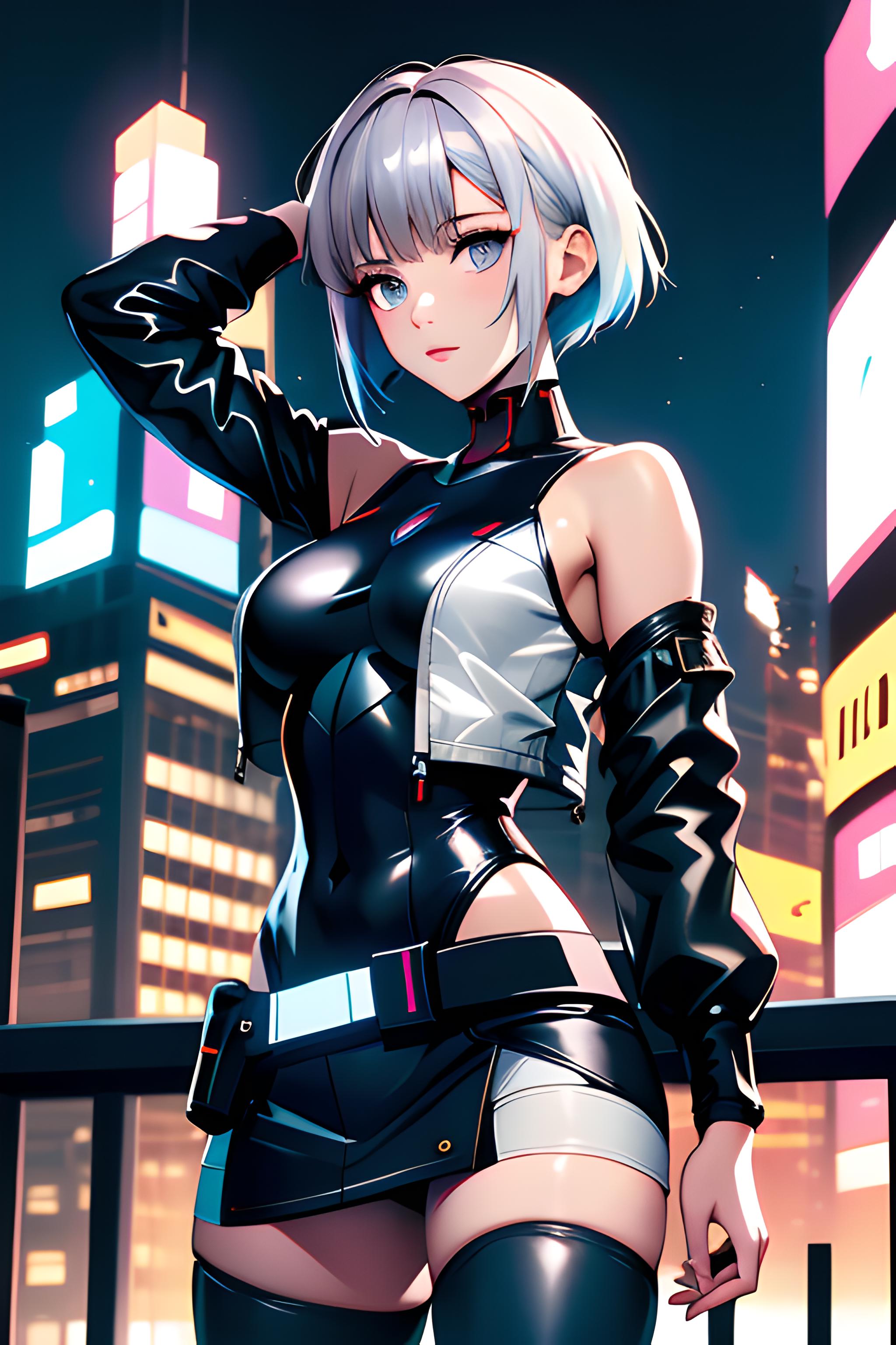 A close up of a woman in a short dress and boots（lucy (cyberpunk)) - SeaArt AI