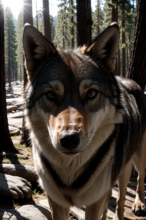 There is a wolf standing in the woods looking at the camera - SeaArt AI