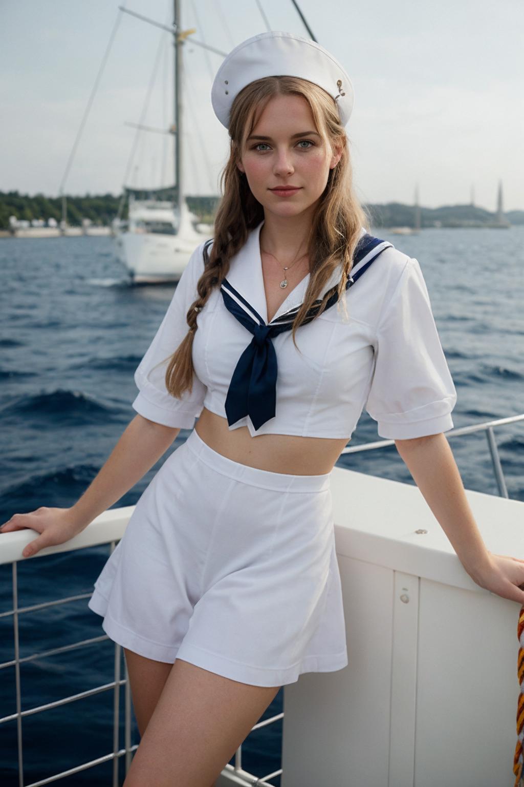 Arafed woman in a sailor outfit standing on a boat - SeaArt AI