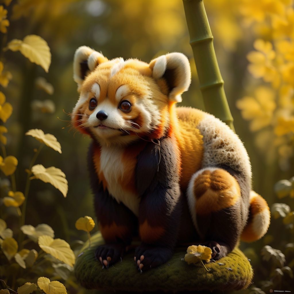 A close up of a red panda sitting on a rock in a forest - SeaArt AI