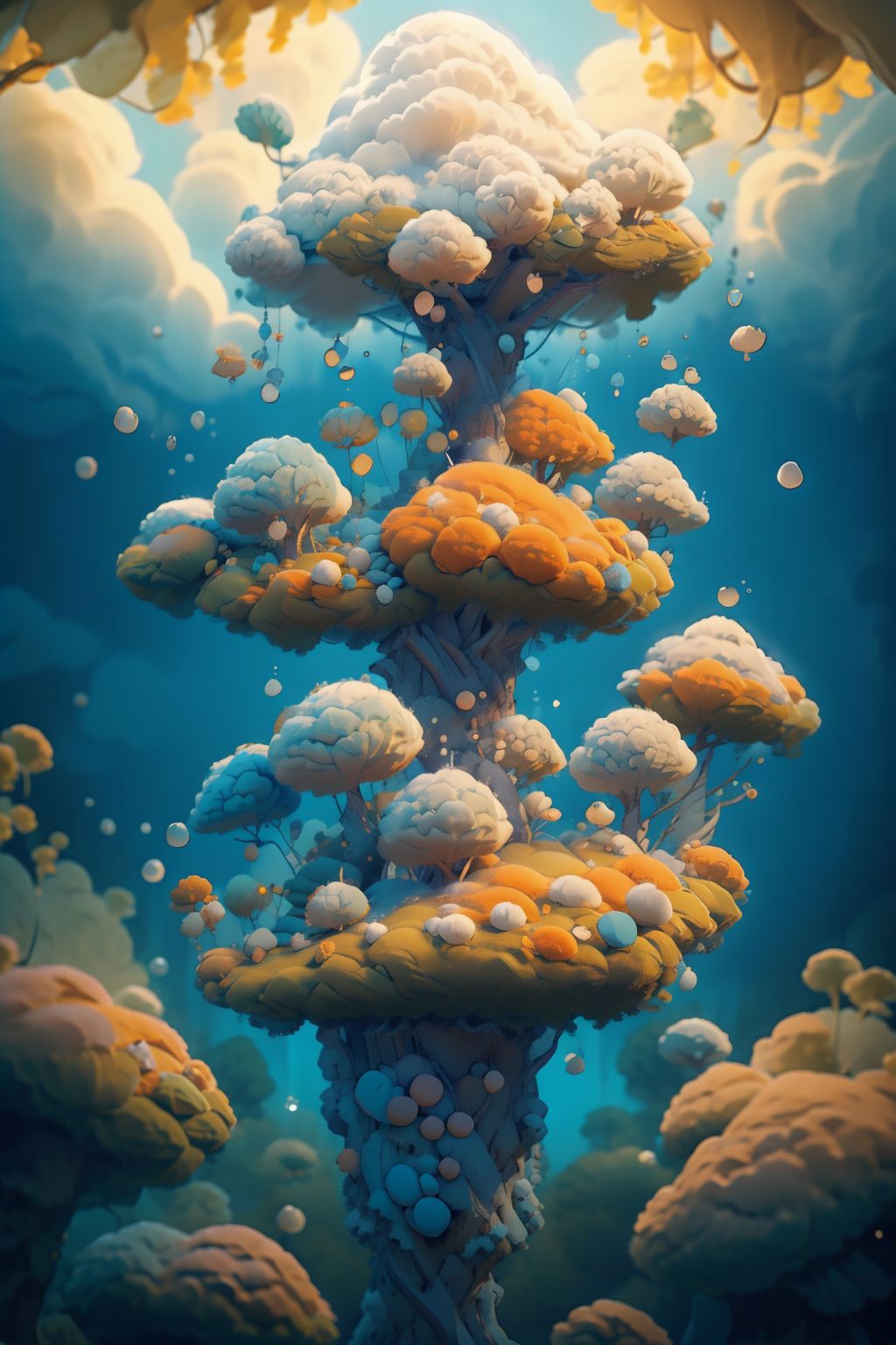 A painting of a tree with many clouds in the sky - SeaArt AI