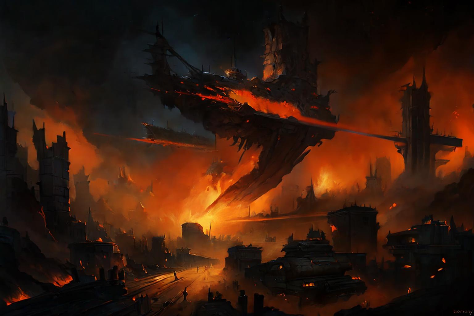 A painting of a city with a fire burning in the background - SeaArt AI