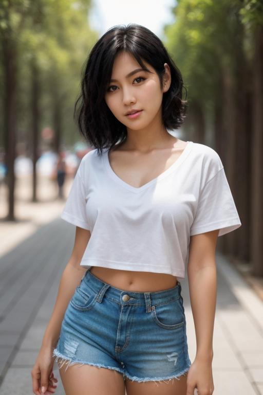 A close up of a woman in a white shirt and denim shorts - SeaArt AI