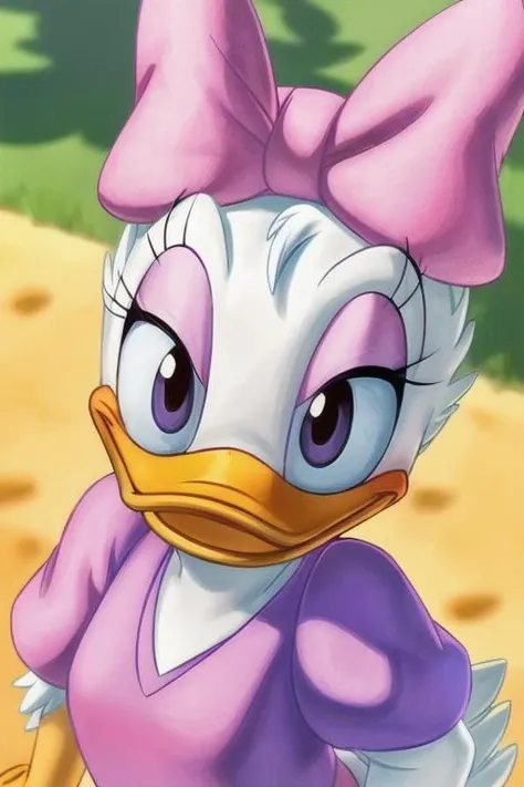 A close up of a cartoon duck with a pink bow on her head - SeaArt AI