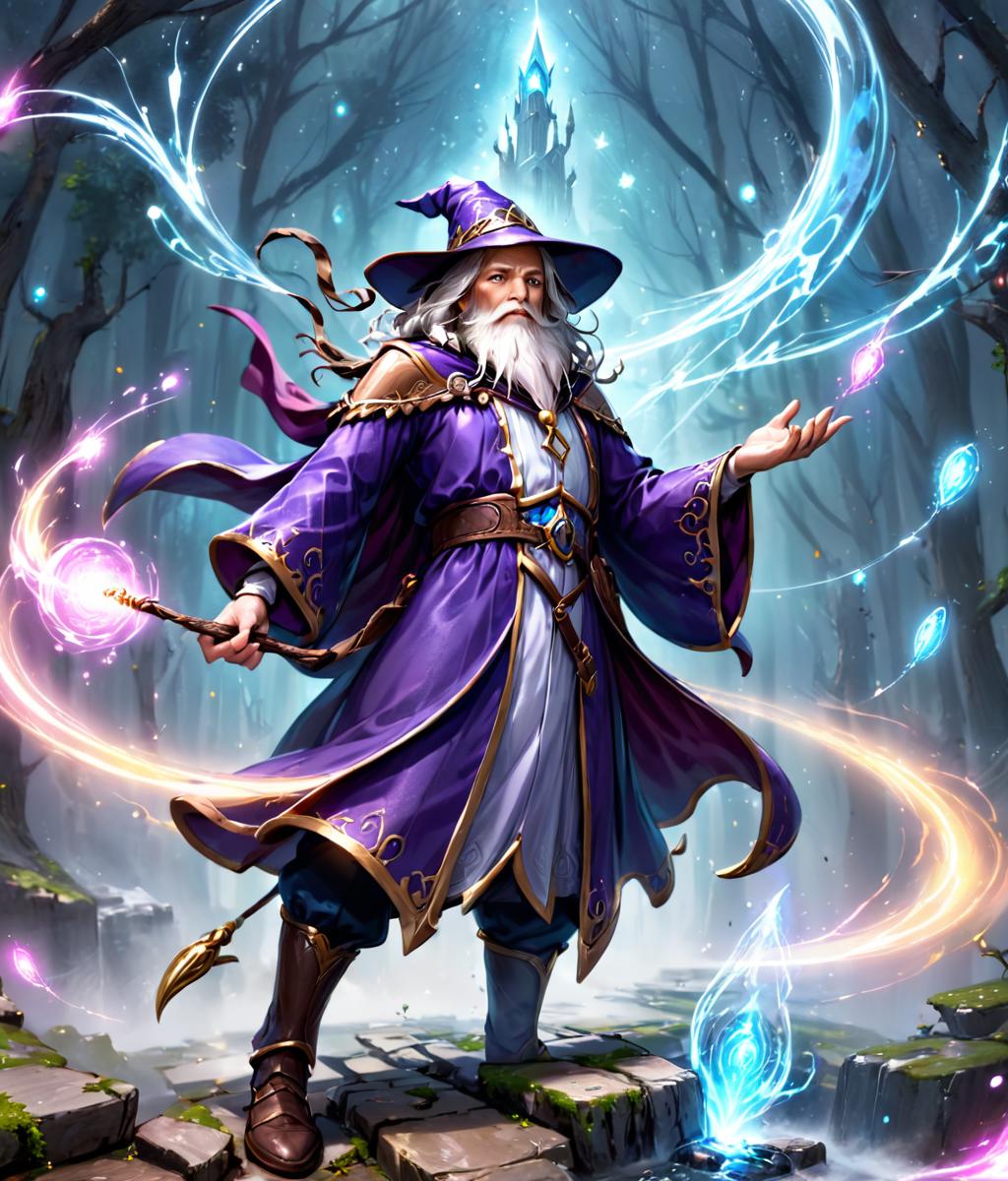 A wizard with a magic wand and a magic ball in his hand - SeaArt AI