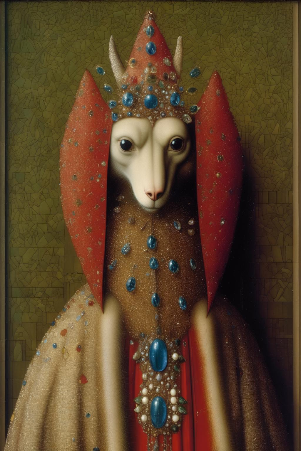 Painting of a goat wearing a crown and a red cape - SeaArt AI