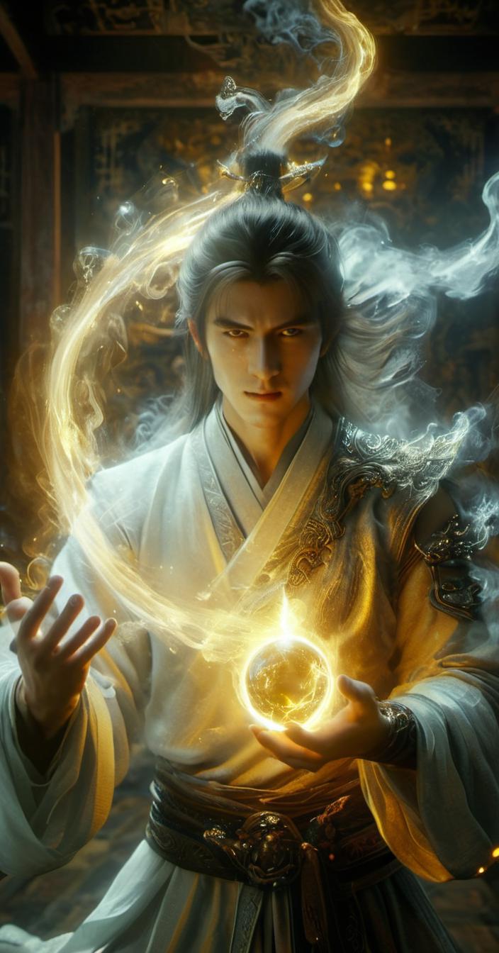A man in a white robe holding a glowing ball - SeaArt AI