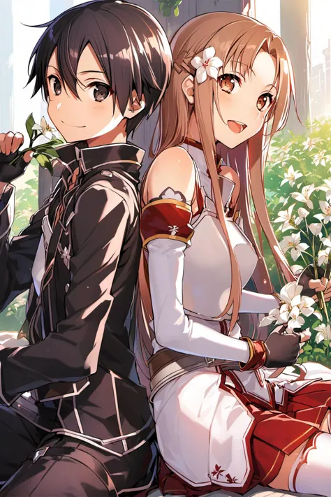 Anime couple sitting on a bench with flowers in their hands - SeaArt AI