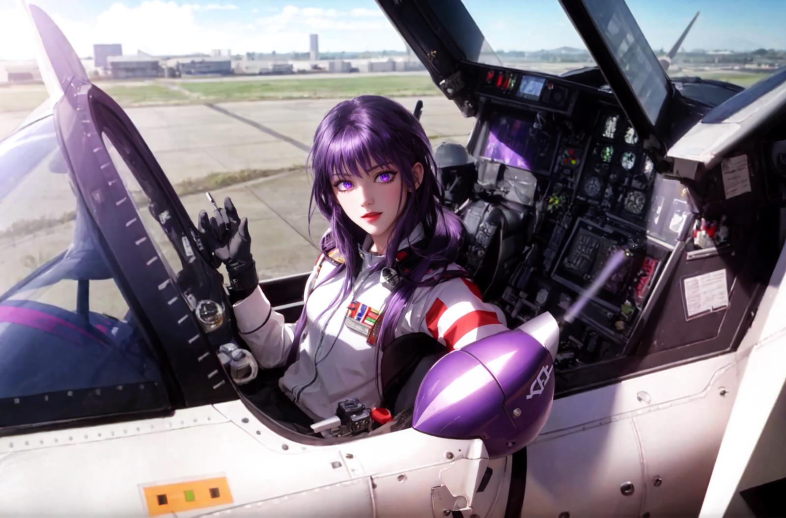 Arafed female fighter pilot in cockpit of a plane with a gun - SeaArt AI