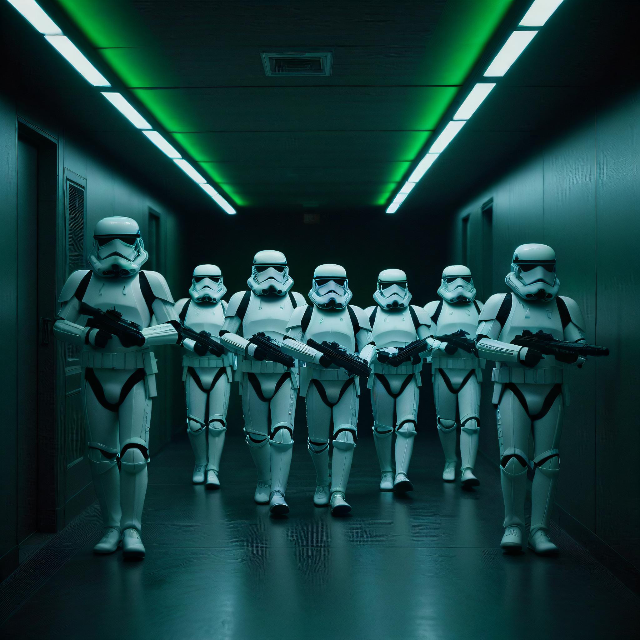 A group of stormtroopers standing in a hallway with green lights ...