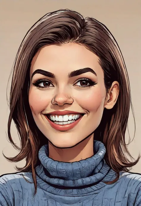 A cartoon drawing of a woman with a blue turtle neck sweater - SeaArt AI