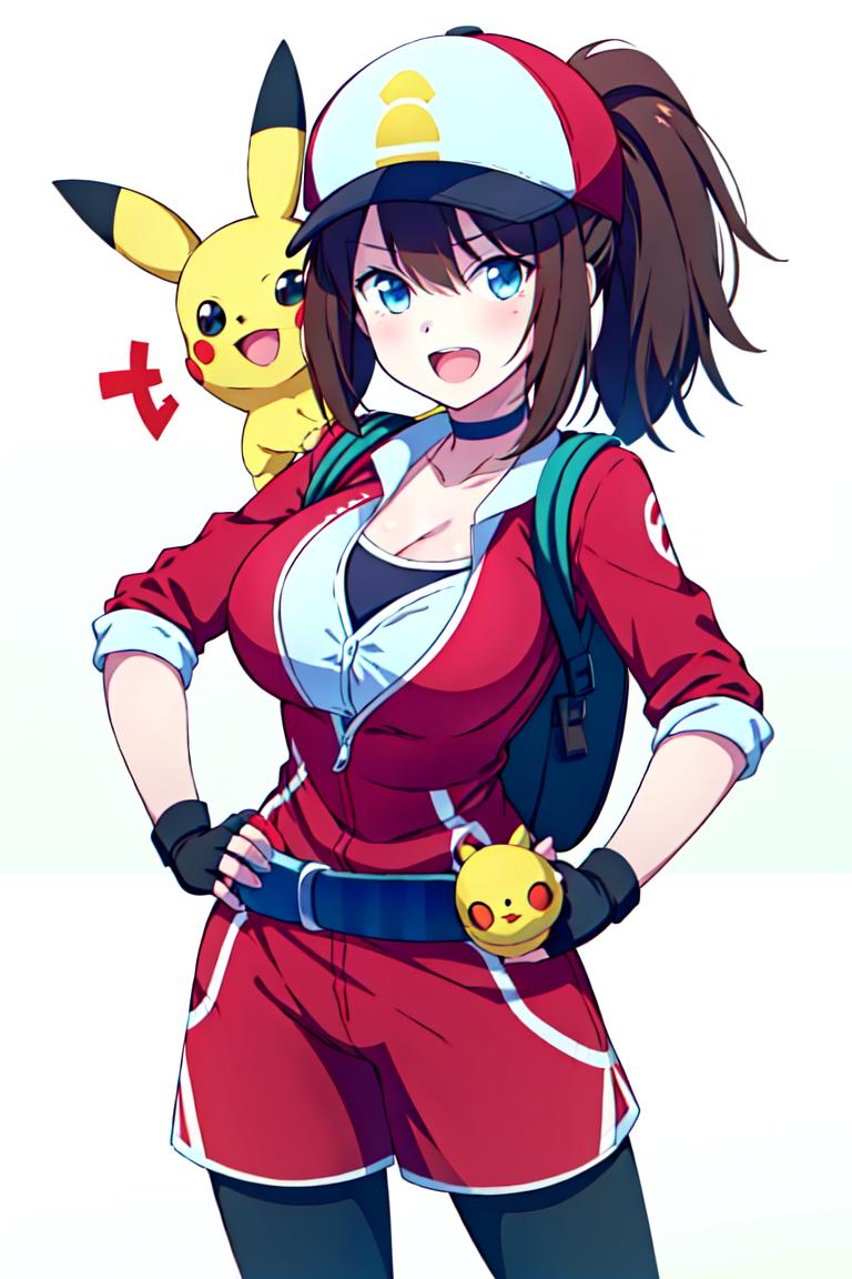 A woman in a red outfit and a pokemon hat - SeaArt AI