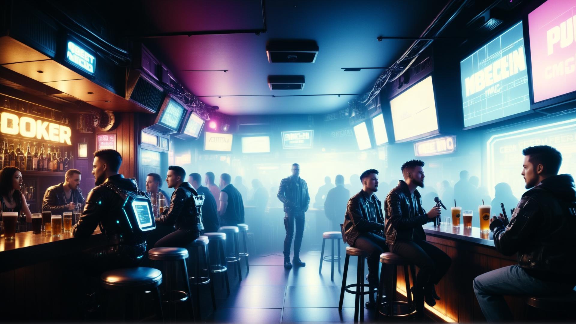 People sitting at a bar watching televisions and drinking beer - SeaArt AI