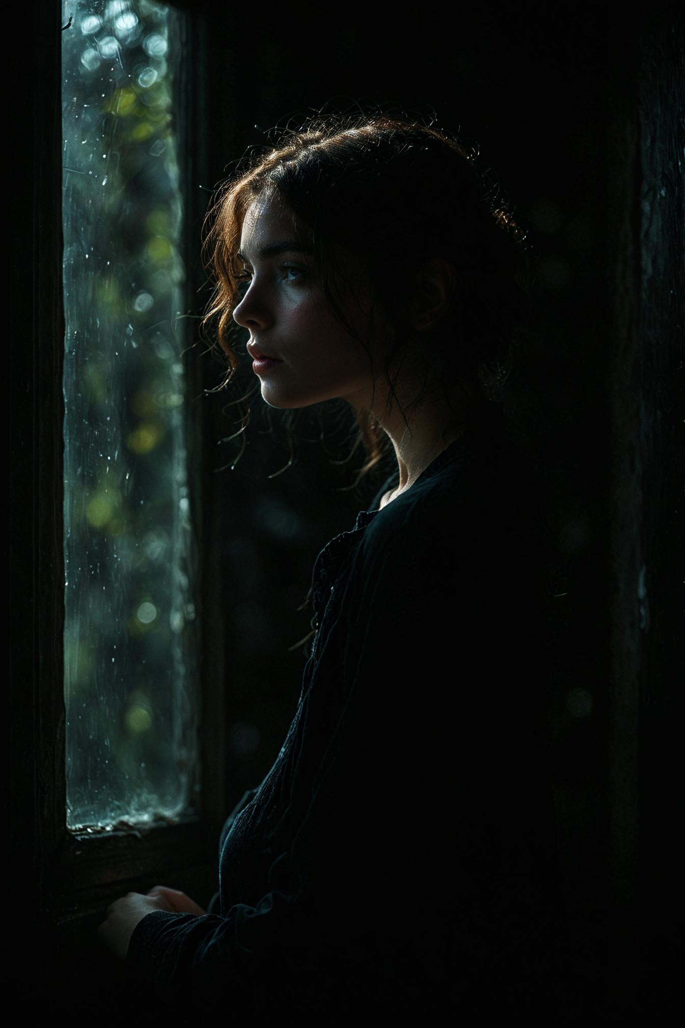A woman looking out a window at the rain outside - SeaArt AI