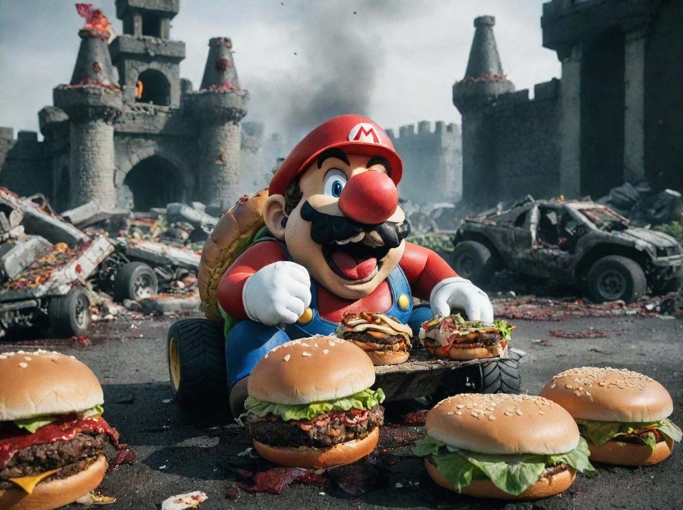 A close up of a mario bros character sitting on a table with hamburgers ...