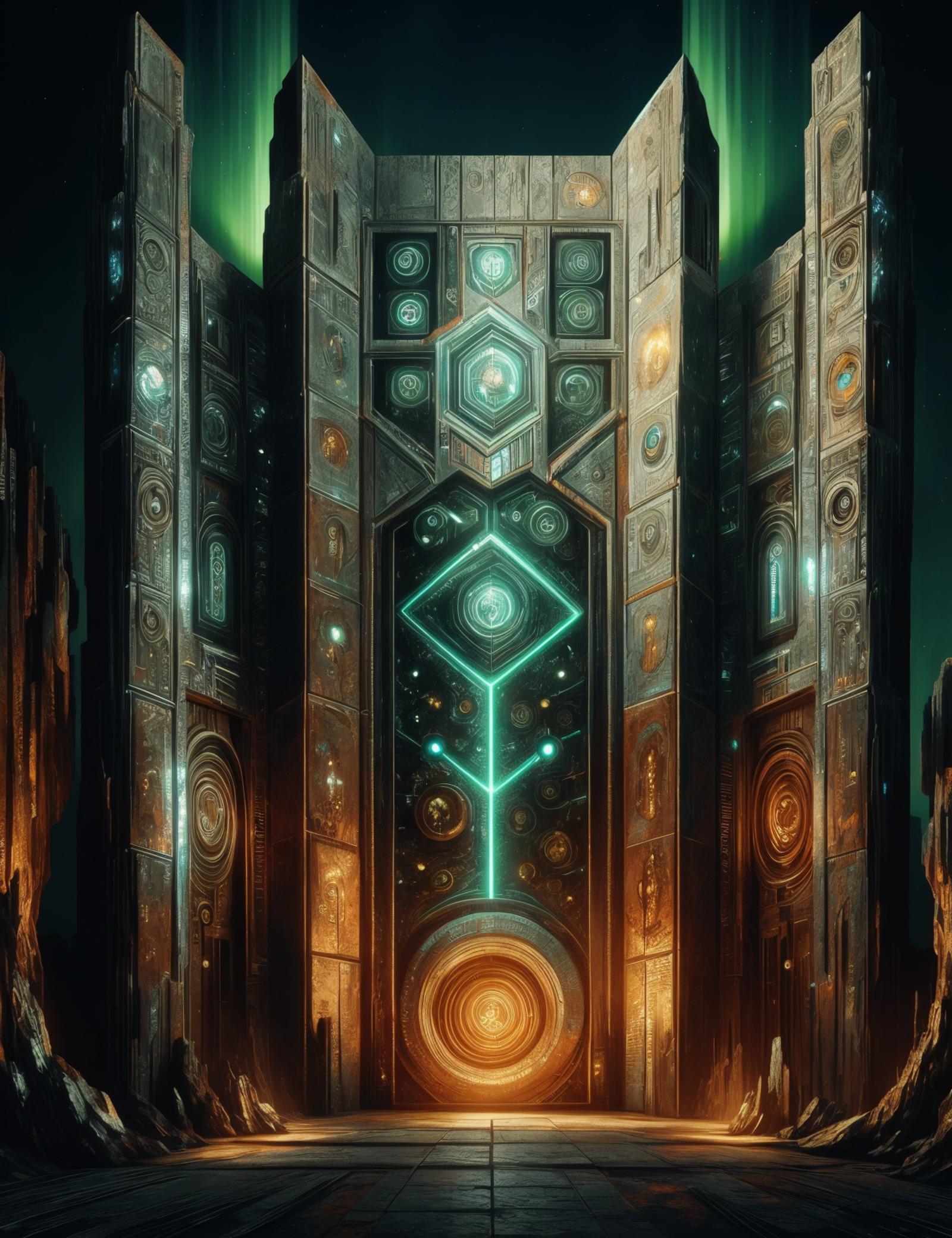 A futuristic sci - fio scene with a futuristic entrance and a glowing ...