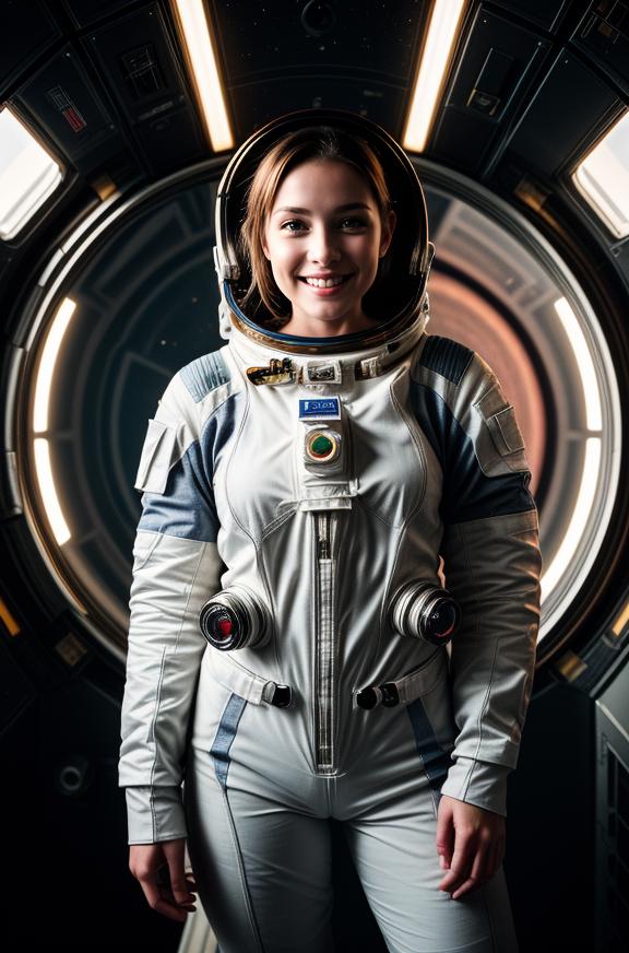 A close up of a woman in a space suit standing in a space station ...