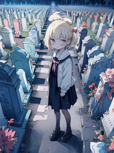 Anime girl standing in a cemetery with flowers and graves - SeaArt AI